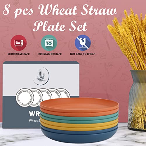 Wrova Wheat Straw Plates - 10 Inch Unbreakable Dinner Plates Set of 8 - Dishwasher & Microwave Safe Plastic Plates Reusable - Lightweight Plates for kitchen,camping (Colorful Series)