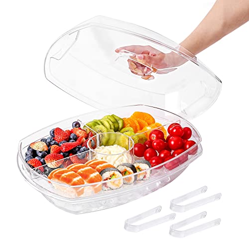 IVYHOME Fruit Ice Serving Tray, Chilled Veggie Tray, Shrimp Cocktail Serving Dish, Appetizer Serving Platter for Parties, with Lid and 4 Compartments