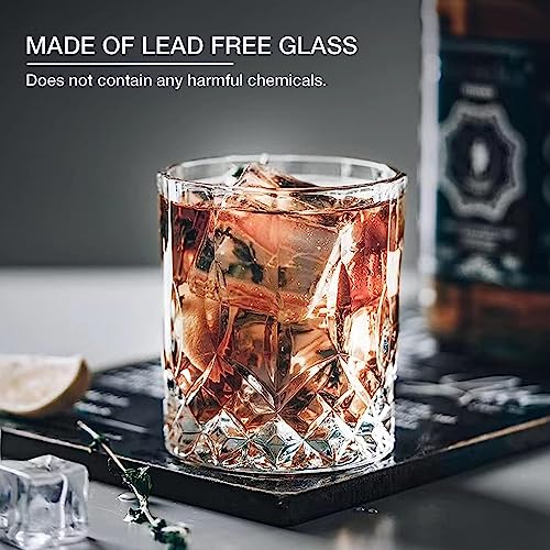 Qipecedm Old Fashioned Whiskey Glasses, Set of 4 (2 Crystal Bourbon Glasses, 2 Round Big Ice Ball Molds) In Gift Box - 11 Oz Rocks Glass, Barware for Scotch Cocktail Rum Vodka Liquor, Gifts for Men