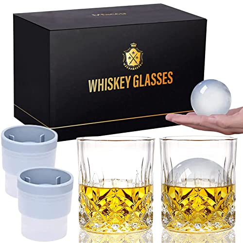 Qipecedm Old Fashioned Whiskey Glasses, Set of 4 (2 Crystal Bourbon Glasses, 2 Round Big Ice Ball Molds) In Gift Box - 11 Oz Rocks Glass, Barware for Scotch Cocktail Rum Vodka Liquor, Gifts for Men