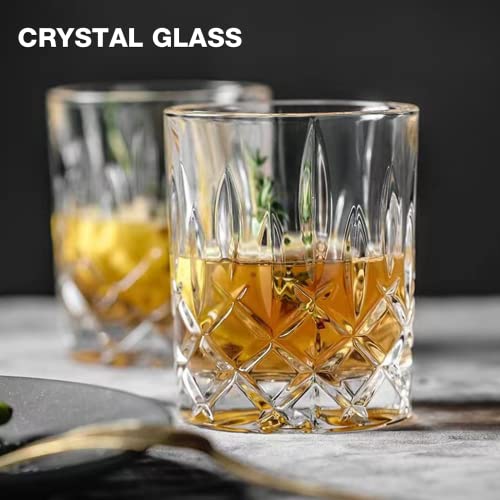 Qipecedm Old Fashioned Whiskey Glasses, Set of 4 (2 Crystal Bourbon Glasses, 2 Round Big Ice Ball Molds) In Gift Box - 11 Oz Rocks Glass, Barware for Scotch Cocktail Rum Vodka Liquor, Gifts for Men