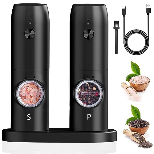 Electric Salt and Pepper Grinder Set Rechargeable With Charging Base, Automatic Salt and Pepper Mill Set with Adjustable Coarseness and LED Light (Black)