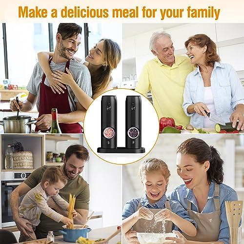 Electric Salt and Pepper Grinder Set Rechargeable With Charging Base, Automatic Salt and Pepper Mill Set with Adjustable Coarseness and LED Light (Black)