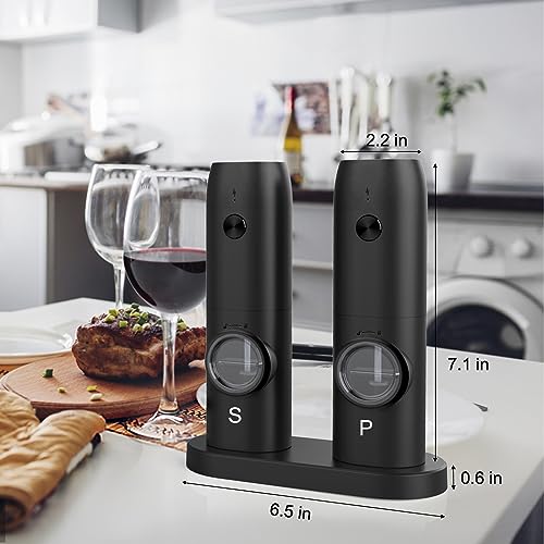 Electric Salt and Pepper Grinder Set Rechargeable With Charging Base, Automatic Salt and Pepper Mill Set with Adjustable Coarseness and LED Light (Black)