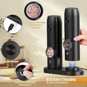 Electric Salt and Pepper Grinder Set Rechargeable With Charging Base, Automatic Salt and Pepper Mill Set with Adjustable Coarseness and LED Light (Black)