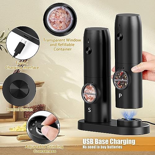 Electric Salt and Pepper Grinder Set Rechargeable With Charging Base, Automatic Salt and Pepper Mill Set with Adjustable Coarseness and LED Light (Black)