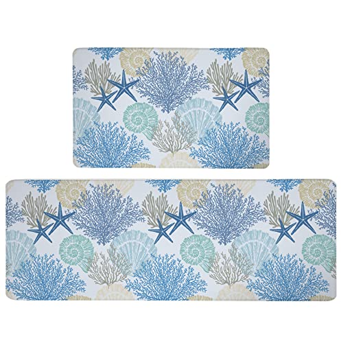 Tritard Coastal Anti Fatigue Kitchen Mat Rug Set of 2 Piece Beach Themed Cushioned Kitchen Mats for floor Waterproof Non Slip Kitchen Rugs Runner for Office Sink Laundry, Blue, 17.3" x 28"+17.3" x 47"