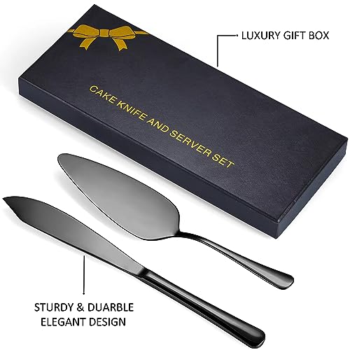 Black Cake Cutting Set with Luxury Gift Box，Stainless Steel Black Cake Pie Pastry Servers, Black Cake Serving Set, Elegant Cake Knife and Server Set Perfect For Wedding, Birthday, Parties and Events.