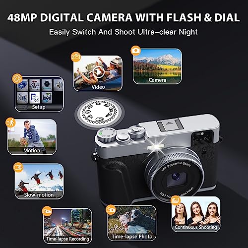 Upgraded 4K Digital Camera with Viewfinder Flash & Dial, 48MP Digital Camera for Photography and Video Autofocus Anti-Shake, Travel Portable Camera with SD Card 2 Batteries, 16X Zoom Vlogging Camera