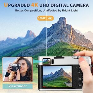 Upgraded 4K Digital Camera with Viewfinder Flash & Dial, 48MP Digital Camera for Photography and Video Autofocus Anti-Shake, Travel Portable Camera with SD Card 2 Batteries, 16X Zoom Vlogging Camera