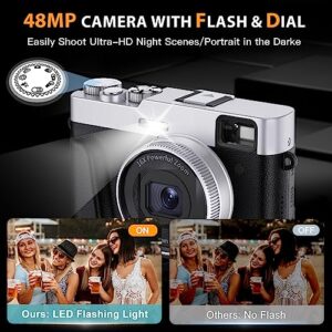 Upgraded 4K Digital Camera with Viewfinder Flash & Dial, 48MP Digital Camera for Photography and Video Autofocus Anti-Shake, Travel Portable Camera with SD Card 2 Batteries, 16X Zoom Vlogging Camera