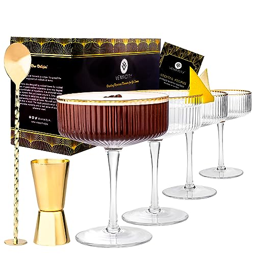 Vemacity Ribbed Coupe Glasses Set of 4 with Gold Rims, Bar Spoon & Jigger | 10oz Coupe Cocktail Glass | Vintage Champagne Coup Glasses | Ribbed Glassware | Ideal Martini Glasses | Recipe e-Book (PDF)