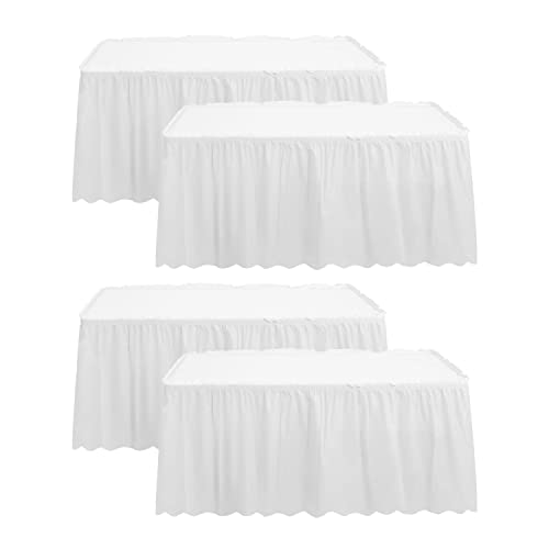 4 Pack Table Skirt 29 in x 14 ft Tablecloth Disposable Table Cover Reusable Stain Proof Plastic Table Skirts for Rectangle or Round Tables for Party, Wedding, Reception, Birthday (White)