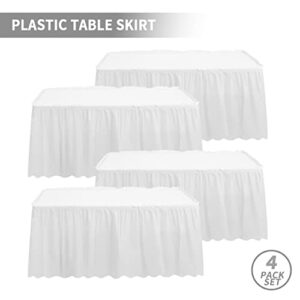 4 Pack Table Skirt 29 in x 14 ft Tablecloth Disposable Table Cover Reusable Stain Proof Plastic Table Skirts for Rectangle or Round Tables for Party, Wedding, Reception, Birthday (White)