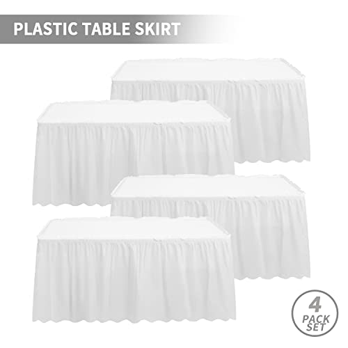 4 Pack Table Skirt 29 in x 14 ft Tablecloth Disposable Table Cover Reusable Stain Proof Plastic Table Skirts for Rectangle or Round Tables for Party, Wedding, Reception, Birthday (White)