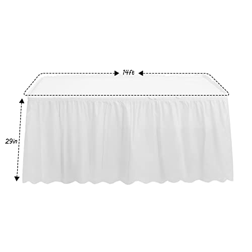 4 Pack Table Skirt 29 in x 14 ft Tablecloth Disposable Table Cover Reusable Stain Proof Plastic Table Skirts for Rectangle or Round Tables for Party, Wedding, Reception, Birthday (White)