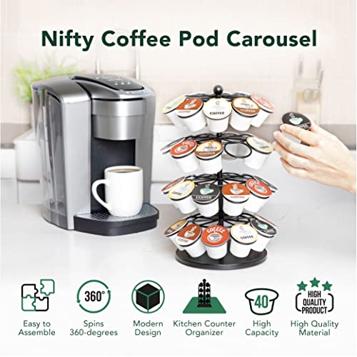 Nifty K Cup Holder – Compatible with K-Cups, KD Coffee Pod Carousel | 40 K Cup Holder, Spins 360-Degrees, Lazy Susan Platform, Modern Black Design, Home or Office Kitchen Counter Organizer