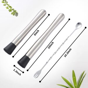 10 inch & 8 inch Stainless Steel Cocktail Muddler with 2 Mixing Spoon, Home Bar Tool Set, for Making & Creating Delicious Mojitos, & Other Fruit Based Drinks & Beverages in Various Containers