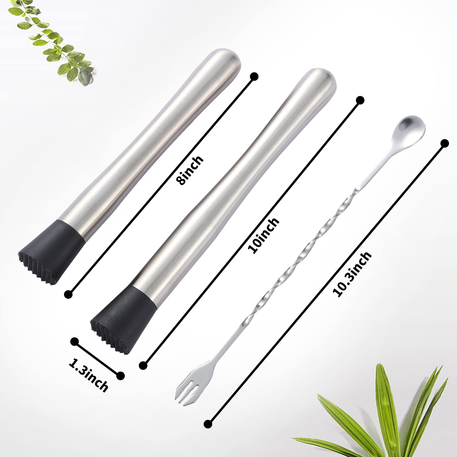 10 inch & 8 inch Stainless Steel Cocktail Muddler with 2 Mixing Spoon, Home Bar Tool Set, for Making & Creating Delicious Mojitos, & Other Fruit Based Drinks & Beverages in Various Containers