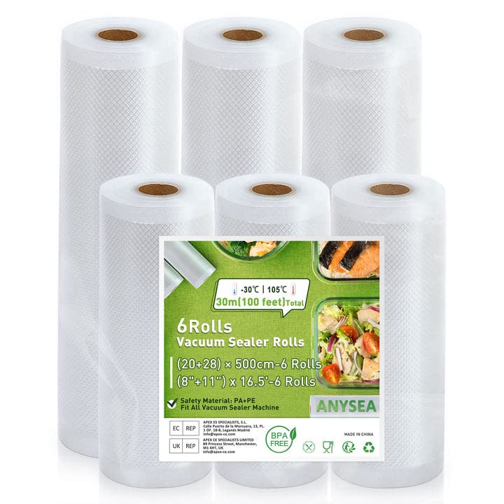 Anysea Vacuum Sealer Bags Rolls: 3 Packs 8" x16.5' and 3 Packs 11" x16.5' Food Sealer Saver Bags, Freezer Bags, Great for Vac Storage or Sous Vide Cooking