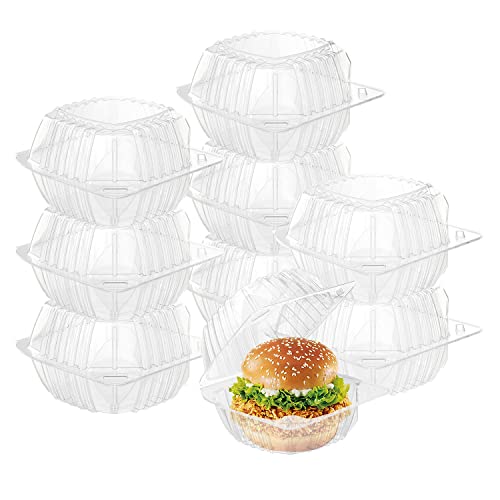 BallHull 100 Pcs Clear Thickening Plastic Hinged Take Out Containers Disposable Clamshell Food Cake Containers with Lids 5.8 x 5.8 x 3.2 inch for Dessert, Cakes, Cookies, Salads, Pasta, Sandwiches