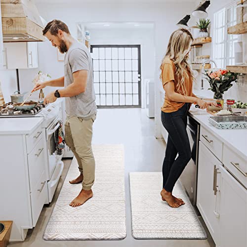 FRESHMINT Anti Fatigue Kitchen Mats for Floor 2 Piece Set, Waterproof & Non-Skid Boho Kitchen Rugs, Cushioned Kitchen Mat for Standing Washable Comfort Desk Kitchen Runners, 17x30+17x47