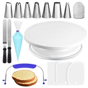 rfaqk 35pcs cake turntable and leveler-rotating cake stand with non slip pad-7 icing tips and 20 bags- straight & offset spatula-3 scraper set -ebook-cake decorating supplies kit -baking tools