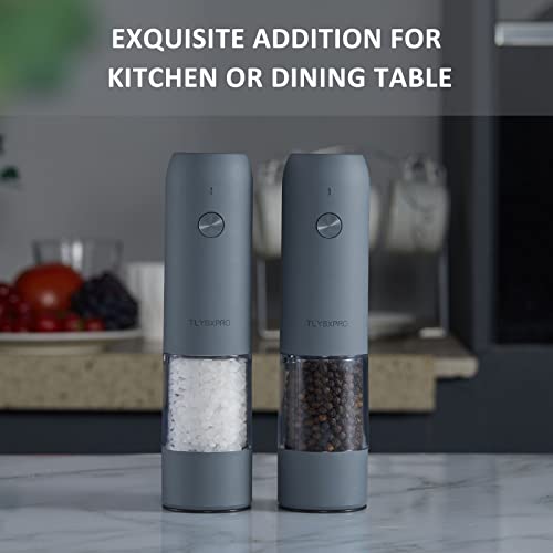 Electric Salt and Pepper Grinder Set with USB Rechargeable, Automatic One Hand Operation with Adjustable Coarseness, Pepper Mill Grinder Refillable with LED Light, Kitchen Gadgets (2 Packs, Blue-Grey)