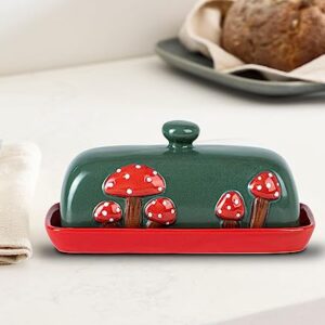 Mushroom Butter Dish With Lid For Countertop Ceramic Butterdish Red Butter Container Butter Tray Large Butter Dish Covered Butter Dish