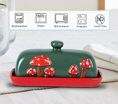 Mushroom Butter Dish With Lid For Countertop Ceramic Butterdish Red Butter Container Butter Tray Large Butter Dish Covered Butter Dish