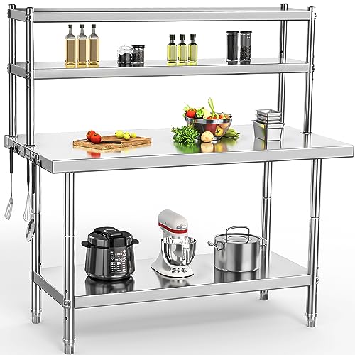 YITAHOME Stainless Steel Table with Overshelves, 48" X 24" Work Table with 48" X 12" Shelf, Metal Table Prep Table for Home Kitchen Restaurant Garage Warehouse