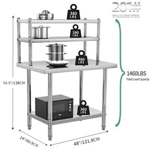 YITAHOME Stainless Steel Table with Overshelves, 48" X 24" Work Table with 48" X 12" Shelf, Metal Table Prep Table for Home Kitchen Restaurant Garage Warehouse