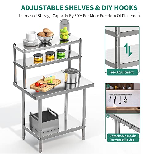 YITAHOME Stainless Steel Table with Overshelves, 48" X 24" Work Table with 48" X 12" Shelf, Metal Table Prep Table for Home Kitchen Restaurant Garage Warehouse