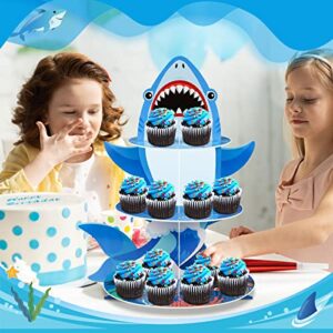 3 Tier Shark Party Cupcake Stand Decorations Under The Sea Shark Theme Cupcake Holder Ocean Animal Shark Dessert Tower for Kids Shark Sea Theme Party Baby Shower Fishing Birthday Party Favor Supplies