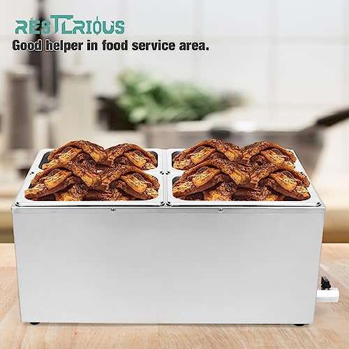 Restlrious 26 QT Commercial Food Warmer Buffet Bain, 4-Pan Stainless Steel & Electric 6.5 QT/Pan Steam Table, Temp Control Soup Warmer with Lid and Tap for Parties, Catering, Restaurants, 110V/1000W