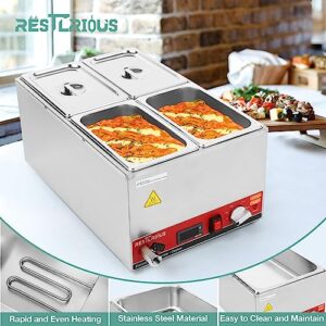 Restlrious 26 QT Commercial Food Warmer Buffet Bain, 4-Pan Stainless Steel & Electric 6.5 QT/Pan Steam Table, Temp Control Soup Warmer with Lid and Tap for Parties, Catering, Restaurants, 110V/1000W