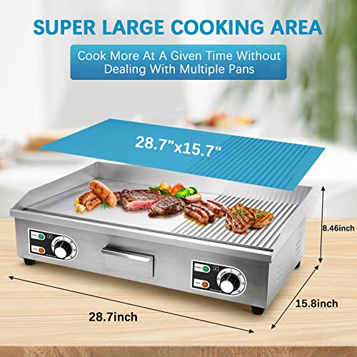 IRONWALLS Commercial Electric Griddle 29 Inch, 110V 4400W Stainless Steel Countertop Griddle Nonstick Flat Top Grill Indoor with 122 ℉-572 ℉Dual Independent Temperature Control for Restaurant Kitchen