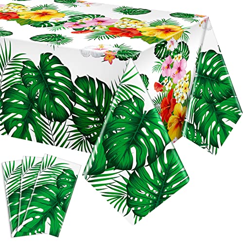 Tatuo Hawaiian Tablecloths Tropical Luau Table Covers Summer Party Decoration Palm Leaves Plastic Disposable Rectangular Aloha Tablecloth Large Tablecloth for Summer Cocktail Party Supplies (3 Pcs)