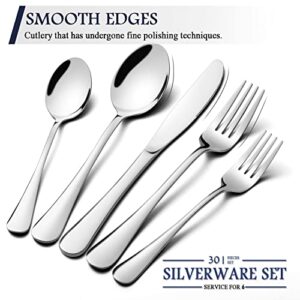 30 Pieces Silverware Set for 6, Stainless Steel Flatware Sets Includes Spoons Forks Knives, Utensils Cutlery Set Service for 6, Mirror Polished, Dishwasher Safe