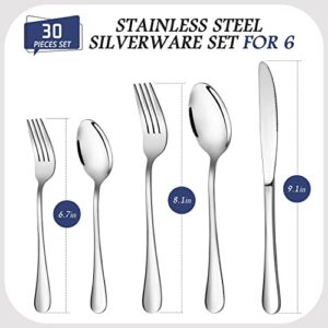 30 Pieces Silverware Set for 6, Stainless Steel Flatware Sets Includes Spoons Forks Knives, Utensils Cutlery Set Service for 6, Mirror Polished, Dishwasher Safe