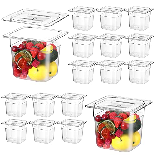 Didaey 16 Pcs Polycarbonate Clear Food Pan with Lid Bulk Stackable Food Pan Commercial Storage Pan Acrylic Food Storage Container Plastic Hotel Pan for Kitchen (1/6, 6'' Deep, 2 Quart)