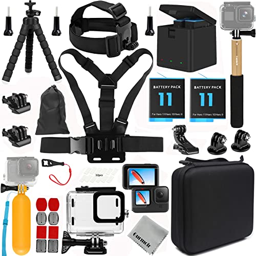 Gurmoir Accessories Kit with Battery and Charger for Gopro Hero 11 10 9 Black. Waterproof Housing Case+Selfie Stick+Tripod+2 Battery+3-Channel Charger Station Compatible with Go Pro 11 10 9(PT09)