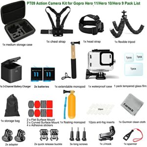 Gurmoir Accessories Kit with Battery and Charger for Gopro Hero 11 10 9 Black. Waterproof Housing Case+Selfie Stick+Tripod+2 Battery+3-Channel Charger Station Compatible with Go Pro 11 10 9(PT09)