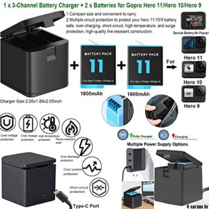 Gurmoir Accessories Kit with Battery and Charger for Gopro Hero 11 10 9 Black. Waterproof Housing Case+Selfie Stick+Tripod+2 Battery+3-Channel Charger Station Compatible with Go Pro 11 10 9(PT09)