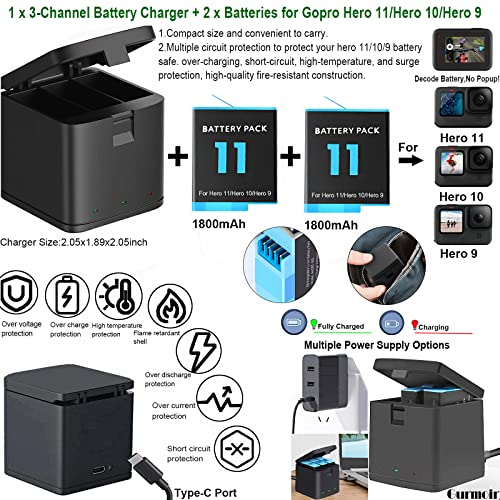 Gurmoir Accessories Kit with Battery and Charger for Gopro Hero 11 10 9 Black. Waterproof Housing Case+Selfie Stick+Tripod+2 Battery+3-Channel Charger Station Compatible with Go Pro 11 10 9(PT09)