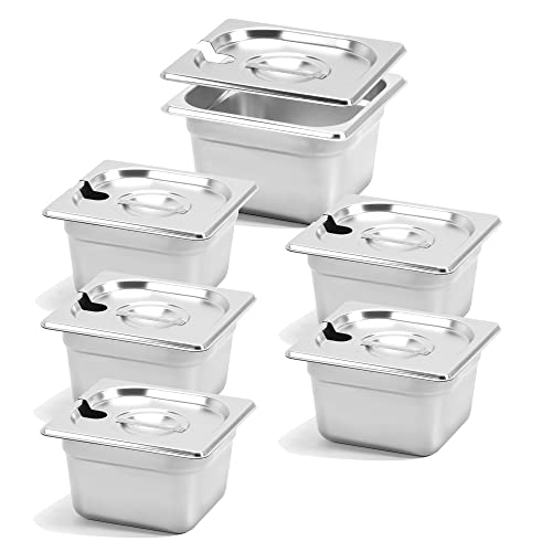 BIEAMA 6 Pack Hotel Pans, 1/6 Size 4" Deep, NSF, Commercial Stainless Steel Pan, Steam Table Pan, Catering Food Pan with Cover Notched