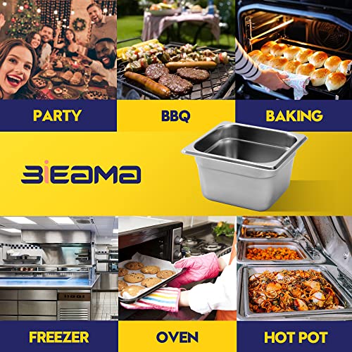 BIEAMA 6 Pack Hotel Pans, 1/6 Size 4" Deep, NSF, Commercial Stainless Steel Pan, Steam Table Pan, Catering Food Pan with Cover Notched