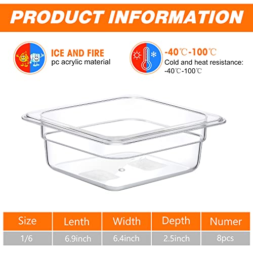 Nuenen 8 Pcs 1/6 Size, 2.6 Inch Deep Food Pan Clear Food Storage Container Polycarbonate Plastic Pan Clear Plastic Cold Pans for Kitchen Restaurant Food Prep, 1 Quart