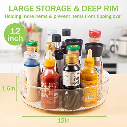 4 Pack Lazy Susan Organizer for Cabinet with Handle, 12 inch Clear Spinning Storage Lazy Susan Turntable for Pantry, Kitchen Sink, Corner Cabinet, Bathroom, Countertop, Non-Skid Liners Included, Round