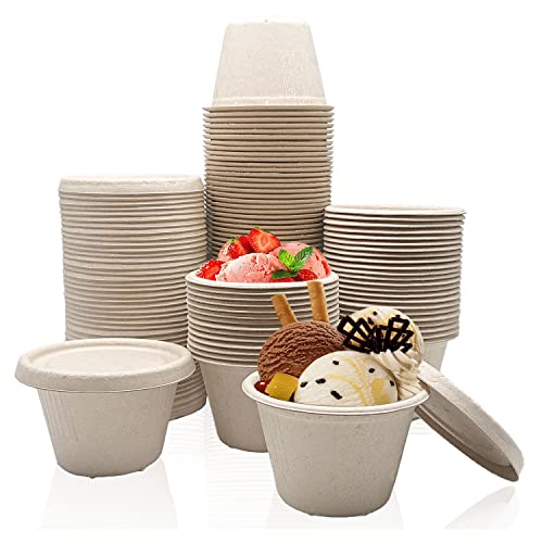 Goiio 100 Pcs 4 Oz Bagasse Fiber Condiment Cups with Lids, Compostable Portion Cups, Disposable Souffle, for Snack Dressing Food Storage